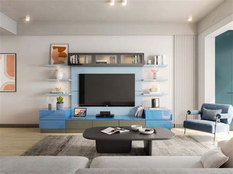 Minimal Living Room Design With Blue And Grey Tv Unit