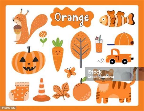 Ilustración De Conjunto De Objetos De Color Naranja Flashcard De