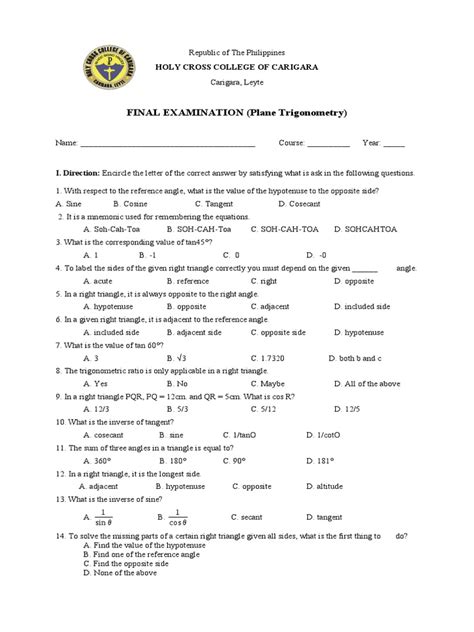 Final Examination Plane Trigonometry Holy Cross College Of Carigara