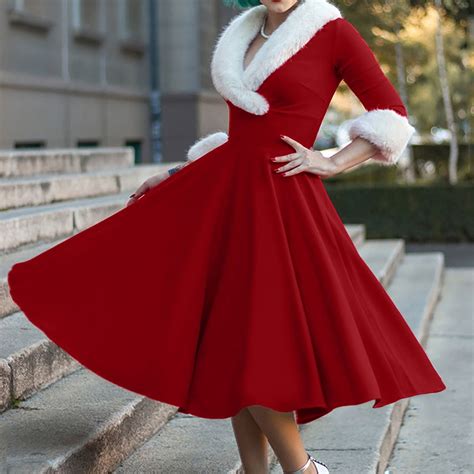Aohooy Furry V Neck Long Sleeved Vintage Party Dress Womens