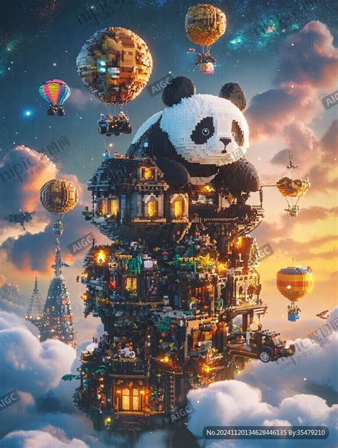 Ai创作图3d超现实主义 3d立体插画风格 3d城市悬浮岛风景 熊猫星球 创意熊猫动漫 特效合成海报 热气球熊猫 3d合成 创意夜景合成 低