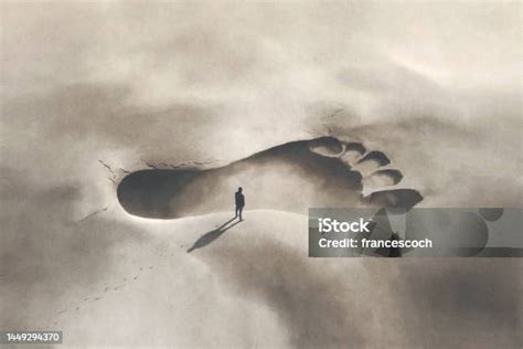 모래에 거대한 발자국을 따라가는 작은 남자의 그림 초현실적인 개념 대형에 대한 스톡 벡터 아트 및 기타 이미지 대형 거인 발자국 Istock