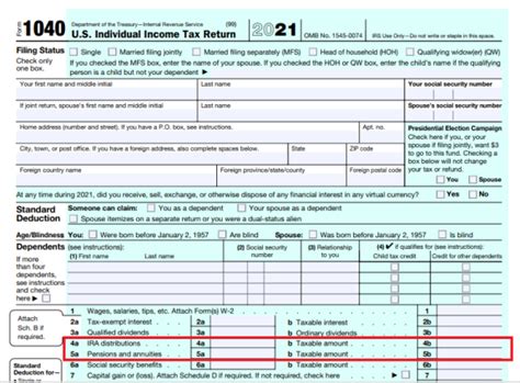 Image Of 2021 Irs Form 1040 With Lines 4a 4b 5a And 5b Highlighted