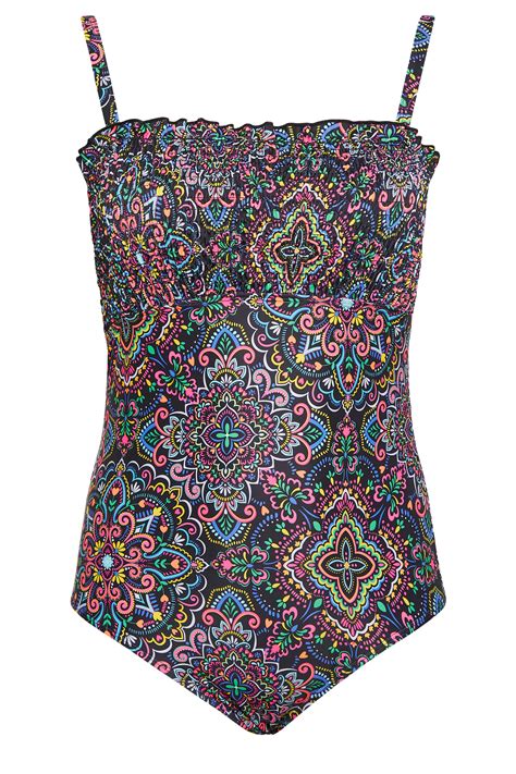 Yours Plus Size Curve Black Aztec Print Shirred Tummy Control Swimsuit