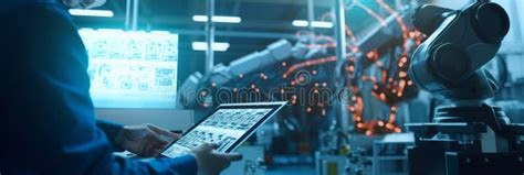 Engineer Manager Checking And Controling Automation Robot Arms Machine In Intelligent Factory