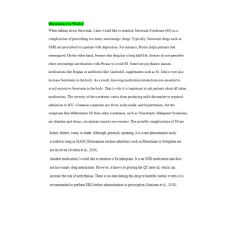 NR 546 Week 2 Discussion Neurotransmitters Serotonin Syndrome SS