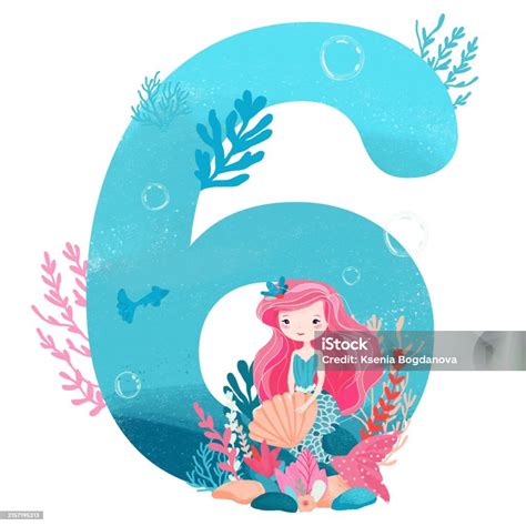 파티나 공부를 위한 숫자 6의 그림 분홍색 머리와 파란색과 분홍색의 해초를 가진 인어와 함께 바다의 질감으로 파란색으로 그립니다