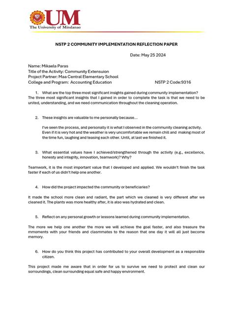 Reflection Paper Format Nstp Pdf