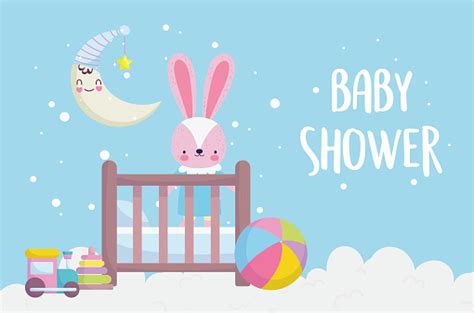 베이비 샤워 볼 트레인 달 만화와 유아용 침대에 귀여운 토끼 신생아 환영 카드 발표 0명에 대한 스톡 벡터 아트 및 기타 이미지