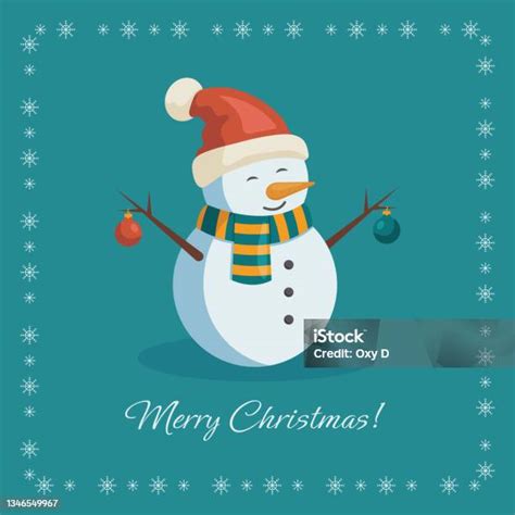 즐거운 성탄절 새해 복 많이 받으세요 새해 모자에 귀여운 눈사람크리스마스 카드와 눈송이의 프레임 플랫 스타일로 벡터 그림 12월에 대한 스톡 벡터 아트 및 기타 이미지