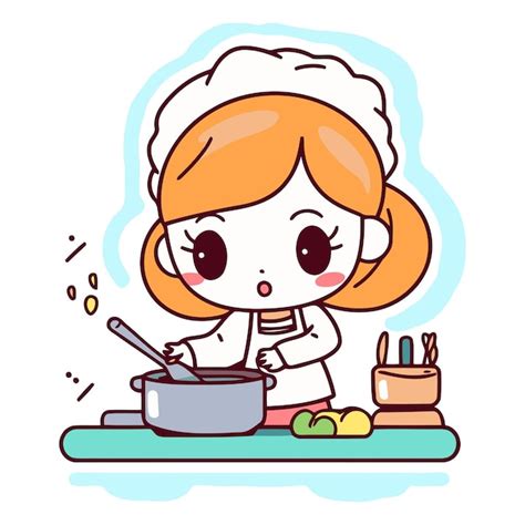 부 터에서 요리하는 귀여운 어린 소녀의 일러스트레이션 프리미엄 Ai 생성 벡터