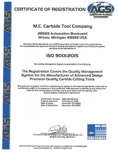 M C Carbide Tool ISO 9001 Certification M C Carbide Tool Company