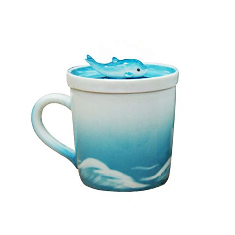 春火海洋蓝手绘杯带盖海豚情侣杯子一对大学生动物陶瓷马克杯创意