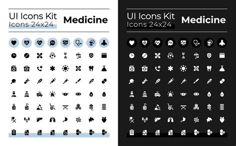 Médicament Glyphe Ui Icônes Ensemble Pour Sombre Lumière Mode Médical