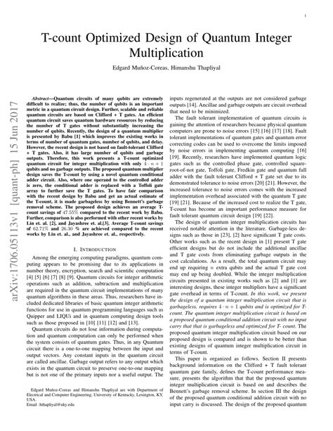 Pdf T Count Optimized Design Of Quantum Integer Multiplication