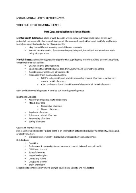 Nsb204 Lecture Notes Nsb204 Mental Health Lecture Notes Week One