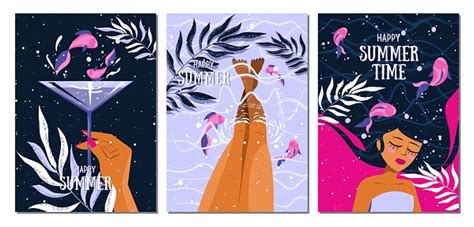 여자 칵테일 수영장 물고기 및 야자수 잎이있는 여름 엽서 세트 열대 삽화 여름 홀리데이 파티 휴가 여행 카드 포스터 전단지 배너 및 Othe에 대한 벡터 템플릿 풀 파티에