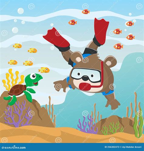 Vector Illustration Of Little Bear Diving In Undersea Adventure On A
