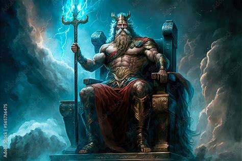 Ilustrace „zeus The Powerful King Of The Gods Sitting On His Throne On Mount Olympus Holding A