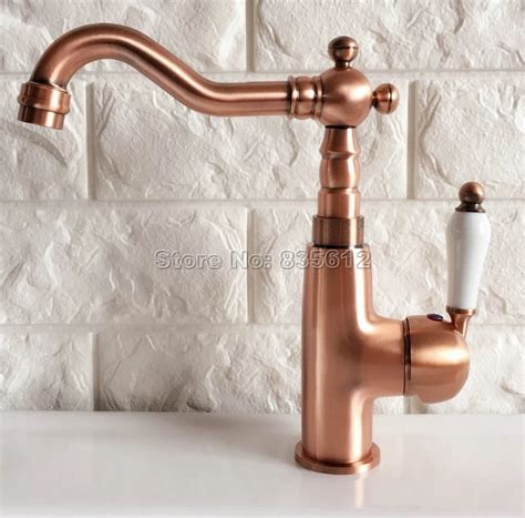 Red Copper Swivel Spout Bathroom Faucet Single Hole Washbasin Mixer