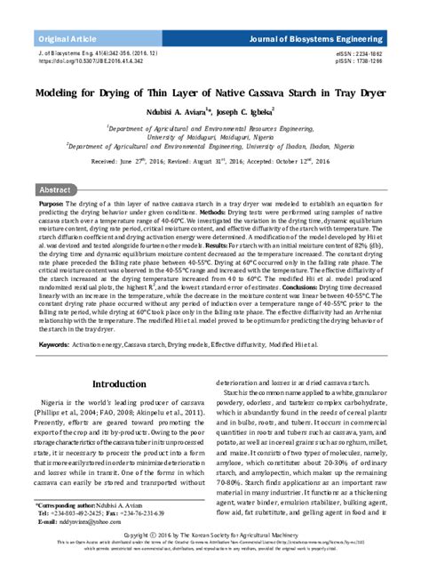 Pdf Modeling For Drying Of Thin Layer Of Native Cassava Starch In Tray Dryer
