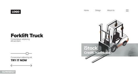 지게차 트럭 개념 등각 웹 배너 포스터 커버 및 배너를위한 3 차원 디자인 지게차에 대한 스톡 벡터 아트 및 기타 이미지 지게차 3차원 형태 공장 산업 건물 Istock