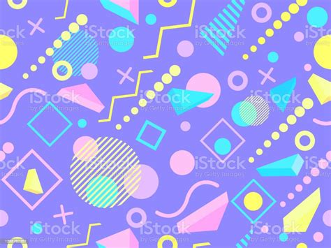 80 년대 스타일의 기하학적 원활한 패턴 등등 측정 기하학적 3d 셰이프 종이 홍보 자료 및 직물에 인쇄하기위한 트렌디 한 복고풍 배경 벡터 일러스트레이션 1980 1989