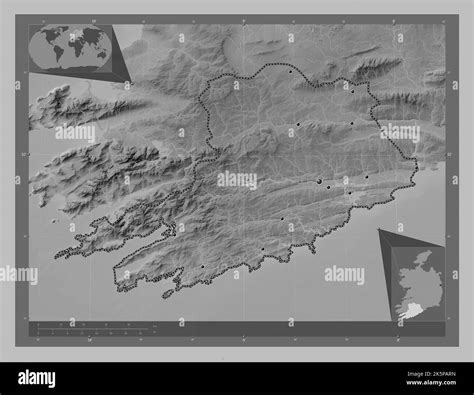 Cork County Of Ireland Grayscale Elevation Map With Lakes And Rivers