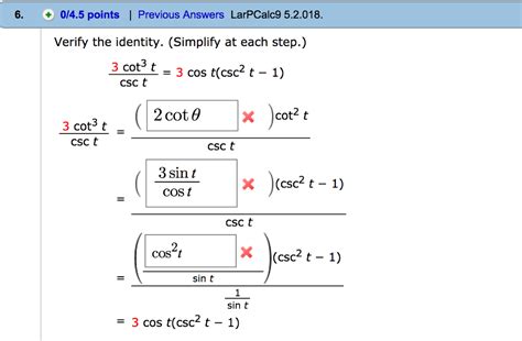 Solved Verify The Identity Simplify At Each Step Cot Chegg Com