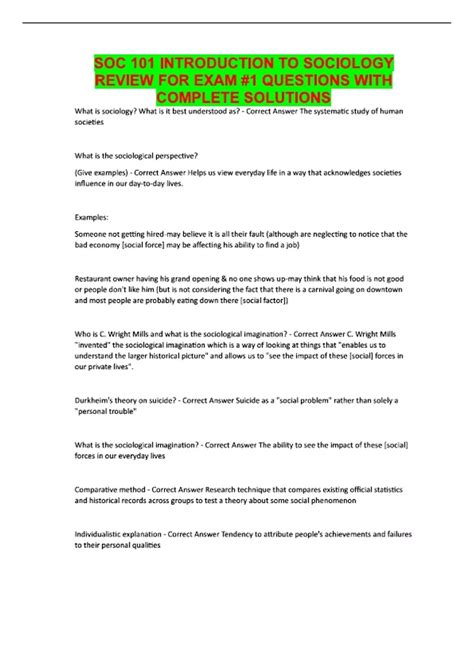 Soc 101 Introduction To Sociology Review For Exam 1 Questions With Complete Solutions