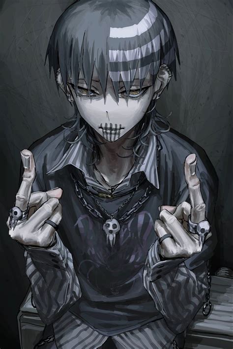 An Anime Character With Black Hair Holding Two Fingers Up