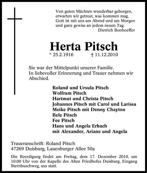 Traueranzeigen Von Herta Pitsch Trauer In Nrw De