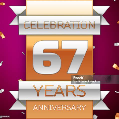 현실적인 67 67 년 기념일 축 하 디자인 실버 및 골드 리본 보라색 배경에 색종이 생일 파티에 대 한 화려한 벡터 템플릿 요소입니다 애니 버서 리 리본 0명에 대한 스톡