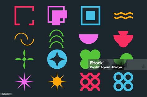 밝은 기하학적 모양 현대 현대 트렌디한 요소 어두운 배경에 격리된 기본 형태 미래 지향적인 인물 최소한의 추상화를 설정합니다 벡터 그림 0명에 대한 스톡 벡터 아트 및 기타