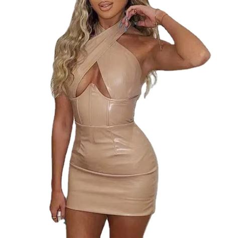 Sexy Women Pu Leather Dresses Sleeveless High Elasticity Sheath
