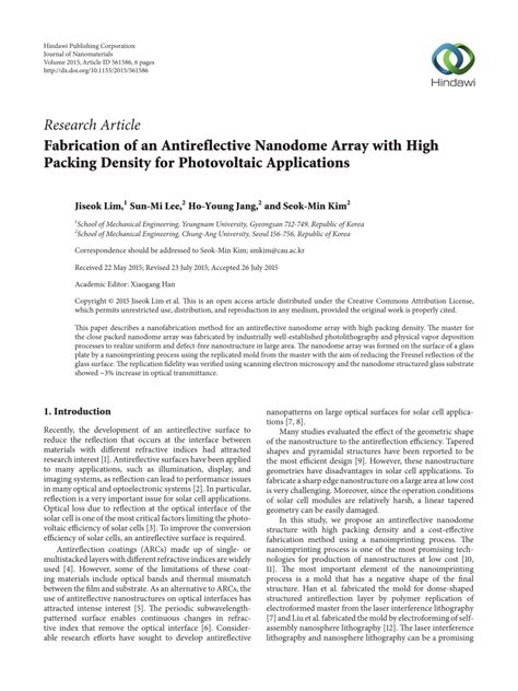Pdf Fabrication Of An Antireflective Nanodome Array With High Packing Density For Photovoltaic