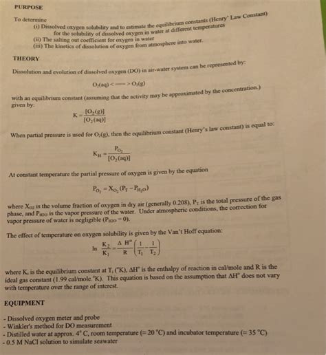 Solved PURPOSE To Determine 0 Dissolved Oxygen Solubility Chegg