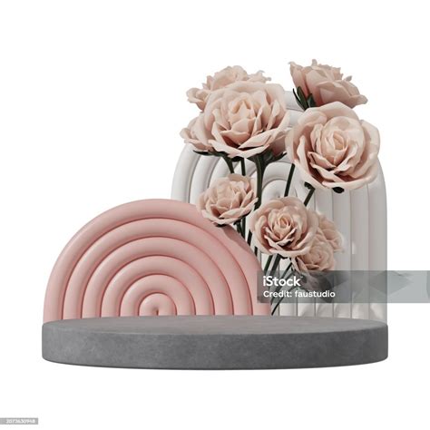 콘크리트 실린더 연단 광장 아치 및 꽃 투명 배경의 3d 이미지 렌더링 3차원 형태에 대한 스톡 사진 및 기타 이미지 3차원