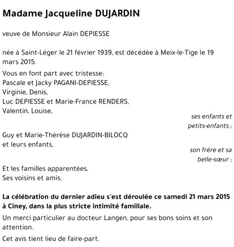 Avis De Décès De Jacqueline Dujardin Décédé Le 19032015 à Meix Le