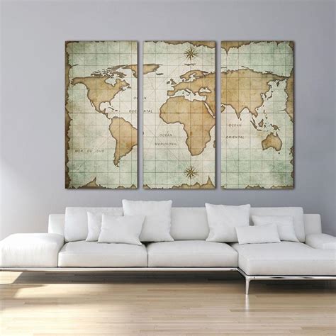 3 панела Винтидж карта на света Платно Живопис стена изкуство Маслени панталони върху канали