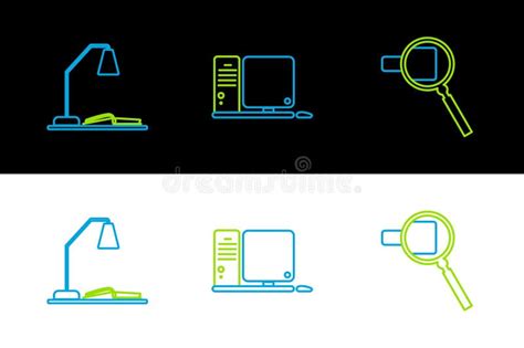 Set Line Magnifying Glass Workplace With Table Lamp And Open Book And