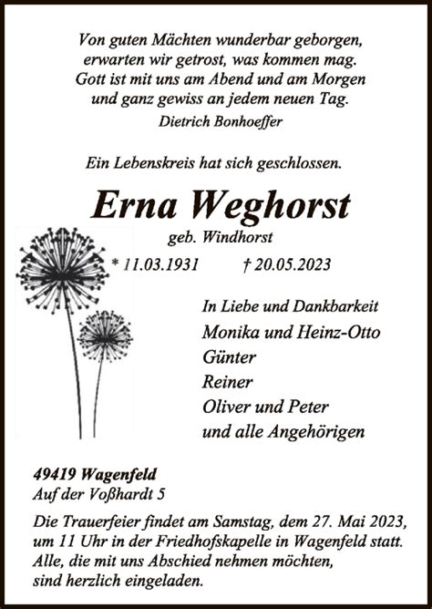 Traueranzeigen Von Erna Weghorst Trauer Kreiszeitung De