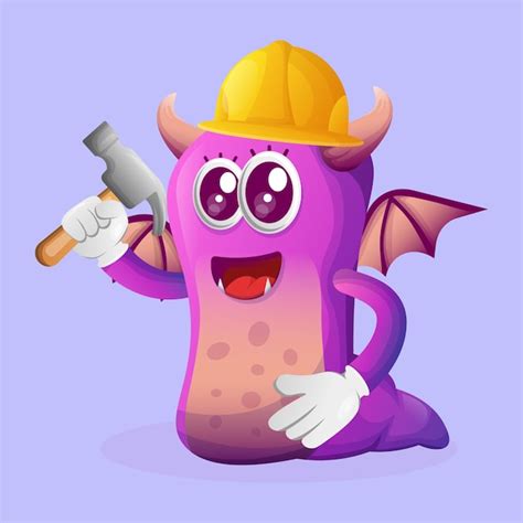 Lindo Púrpura Monstruo Constructor Tenencia Martillo Vector Premium