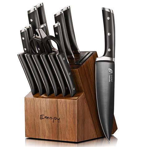 Knife Set Emojoy 17 Piece Kitchen Knife Set With Heavy Duty Acacia Block Premium Titanium