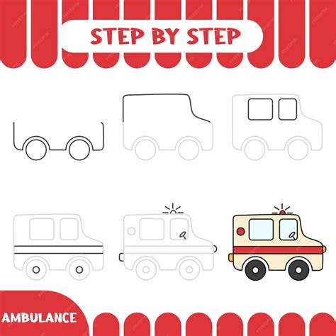 아이들을 위한 단계별 그림 그리기 튜토리얼 쉬운 수준 교육 시트 구급차를 그리는 방법 프리미엄 벡터