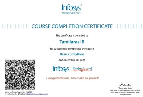 Finished Python Course On Infosys Springboard Tamilarasi Rajendran