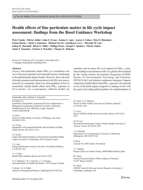 Health Effects Of Fine Particulate Matter In Life Cycle Impact
