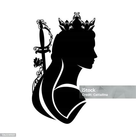 에피 검 장미 꽃 장식과 긴 머리와 동화 공주 전사의 검은 벡터 실루엣 초상화 공주에 대한 스톡 벡터 아트 및 기타 이미지