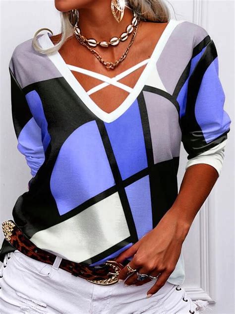 Women T Shirts Womens T Shirts V Neck Cross Geometric Print Long Sleeve T Shirt Instastyled