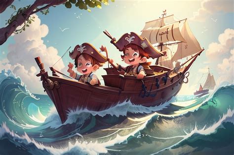Imagem de personagem de anime de desenho animado garoto pirata navegando na ilustração de fundo